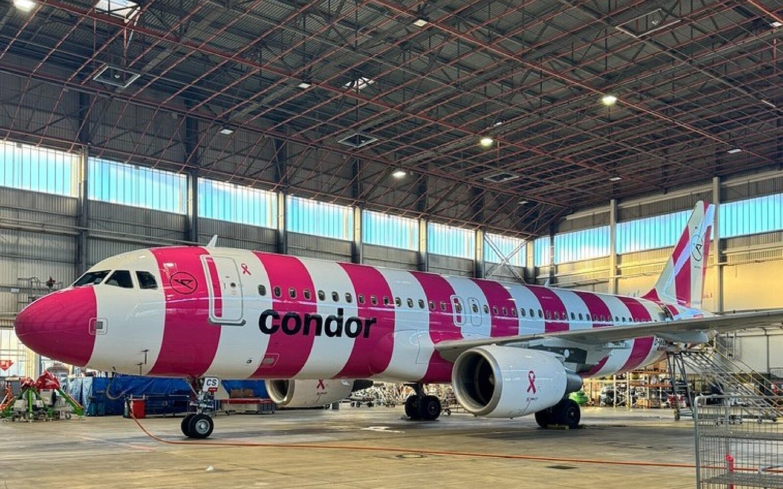 Condor flies pink striped A320 for breast cancer awareness