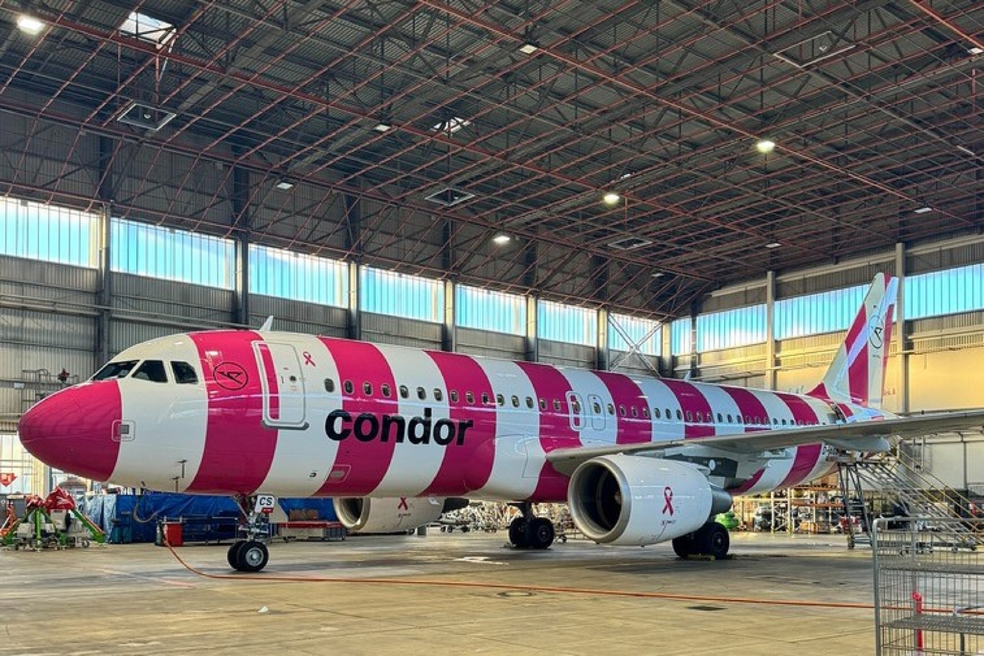 Condor flies pink striped A320 for breast cancer awareness