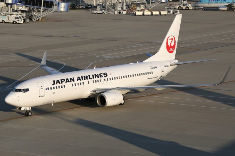JAL Boeing 737 lines up with runway edge lights in Tokyo