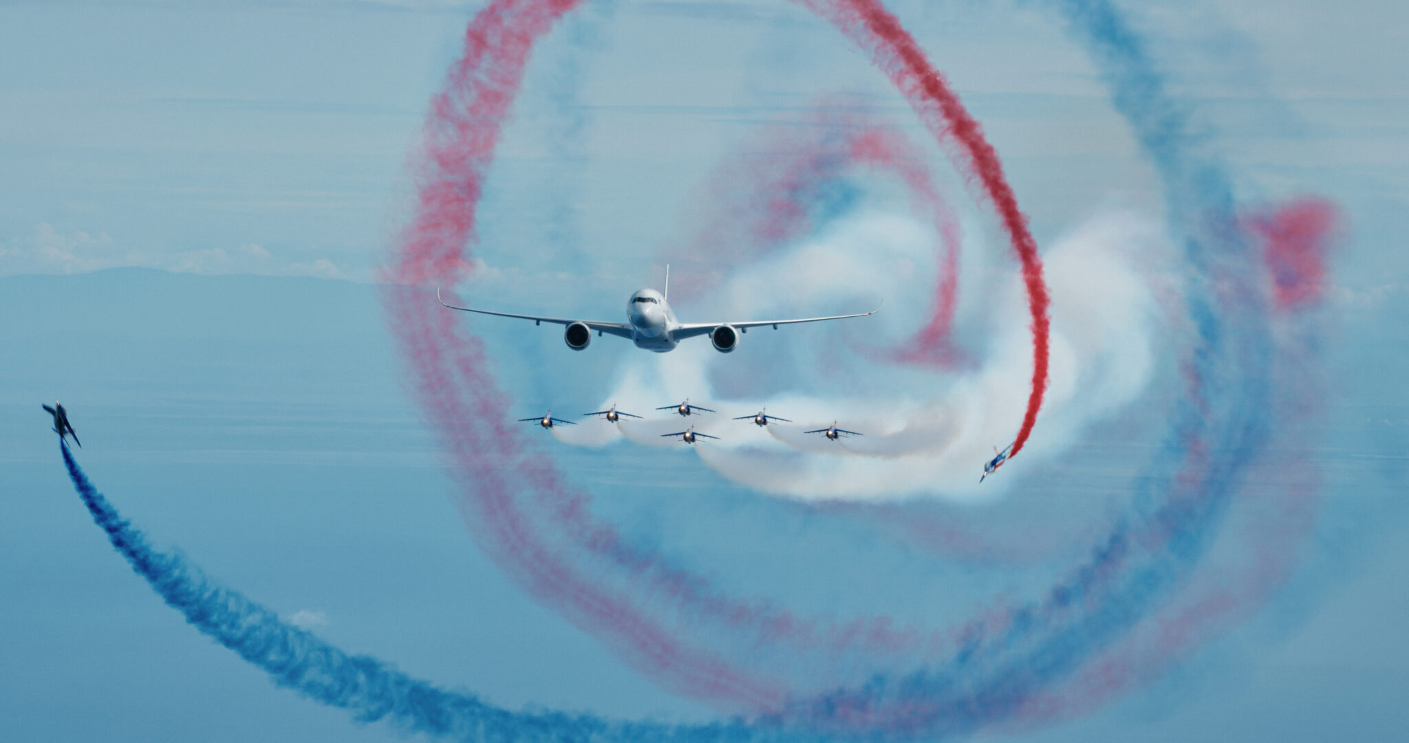 Air France A350 and Patrouille de France perform aerial ballet