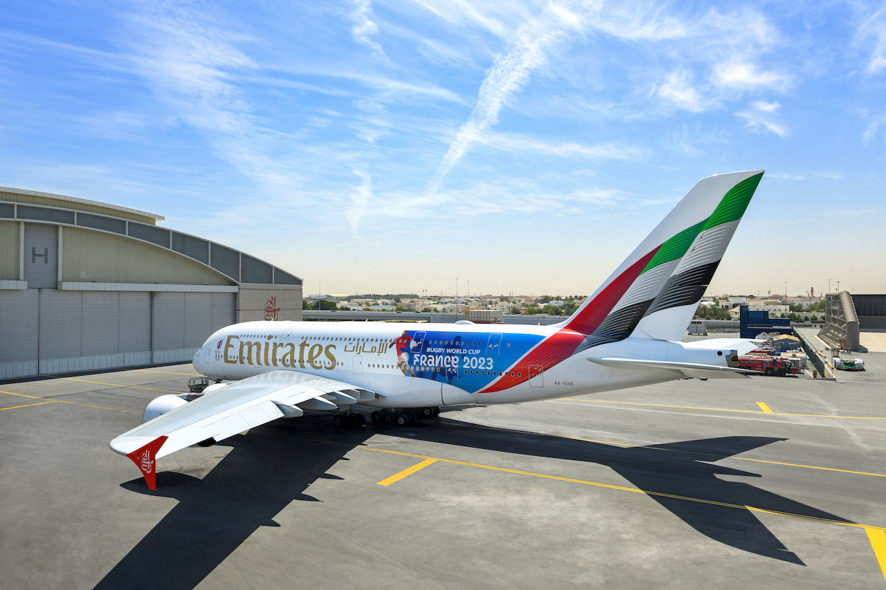 Emirates unveils Rugby World Cup 2023 livery on the A380 - AeroTime